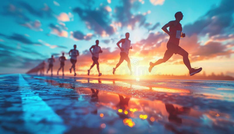 A Group of Runners are Running in a Race with a Red and Blue Background ...