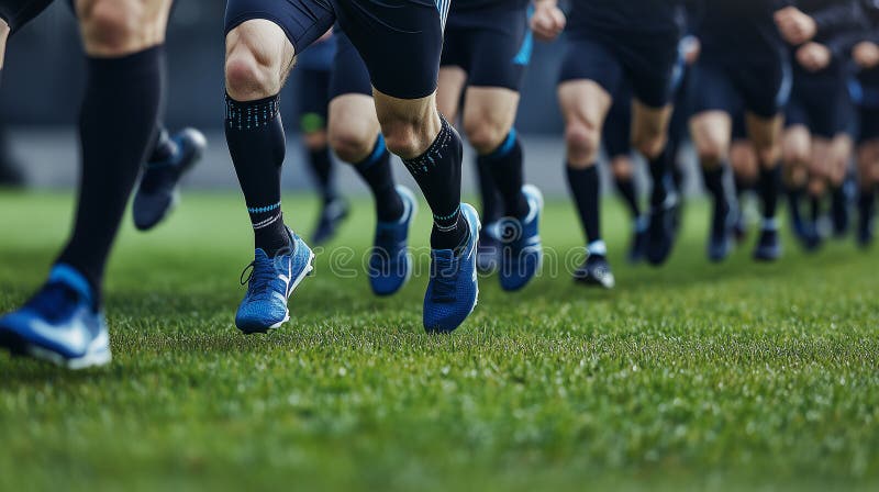 Group of Runners Sprinting on Grass in Stadium Environment Under Bright ...