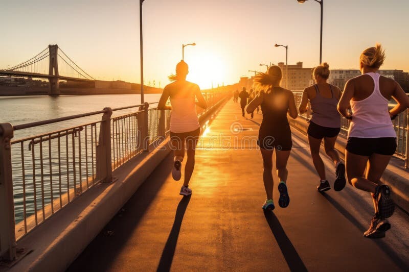Group Running in the Light of Morning or Evening on City Road Detail ...