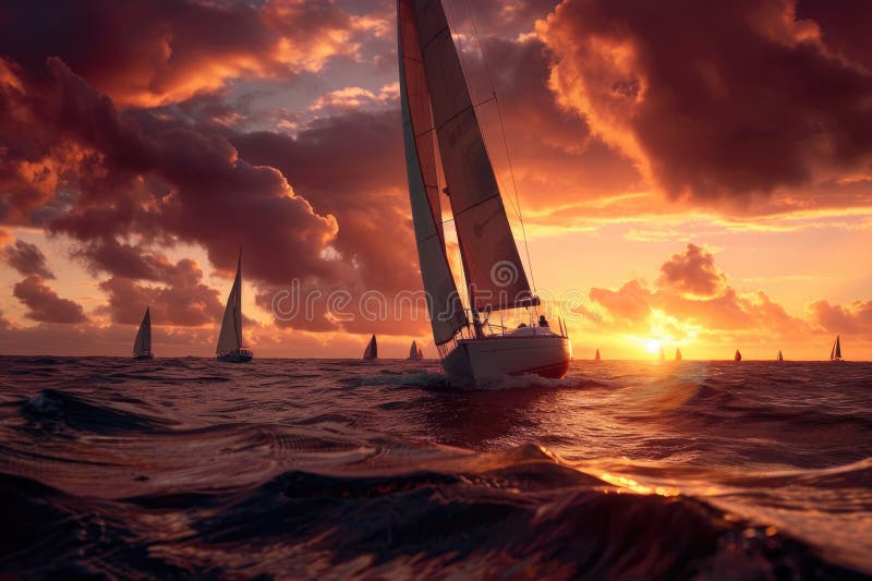 A Group of Sailboats on the Open Ocean during Sunset Stock Photo ...