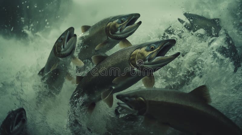 Group of Salmon Jumping in Turbulent Water during a Lively Migration ...