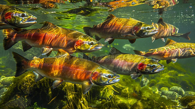 A Group of Salmon Swimming in the Water Stock Image - Image of water ...
