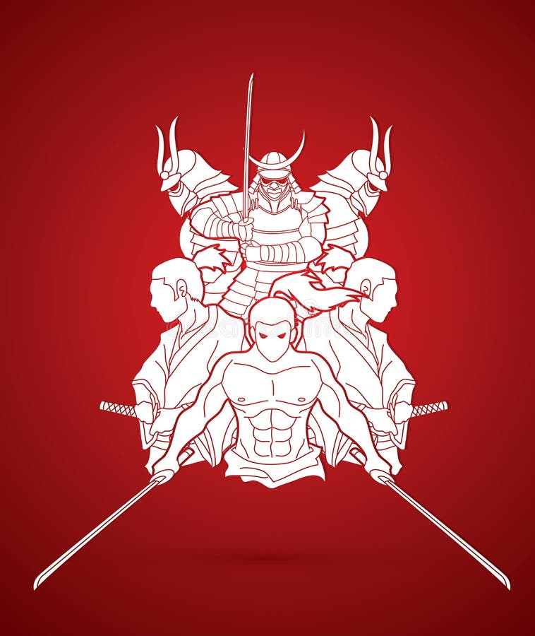 Group of Samurai Warrior or Ronin Japanese Fighter Action with Armor ...
