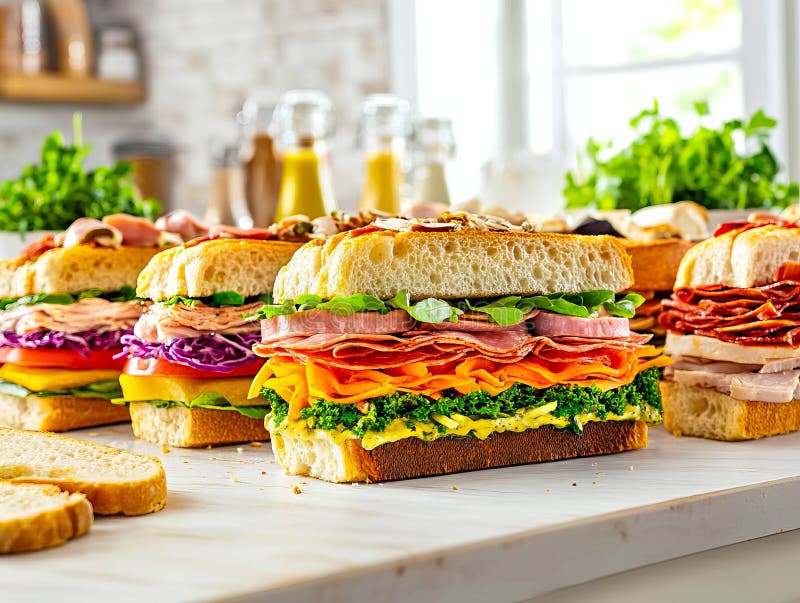 A Group of Sandwiches Sitting on Top of a Cutting Board Stock Photo ...