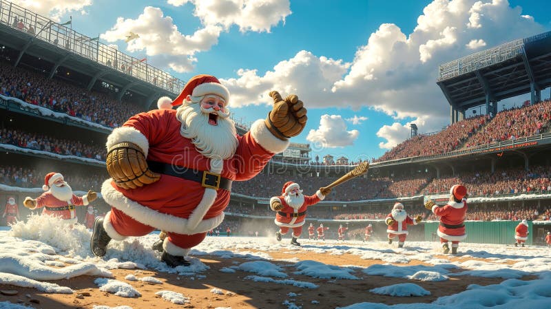 A Group of Santa Claus Running Across a Baseball Field Stock Image ...