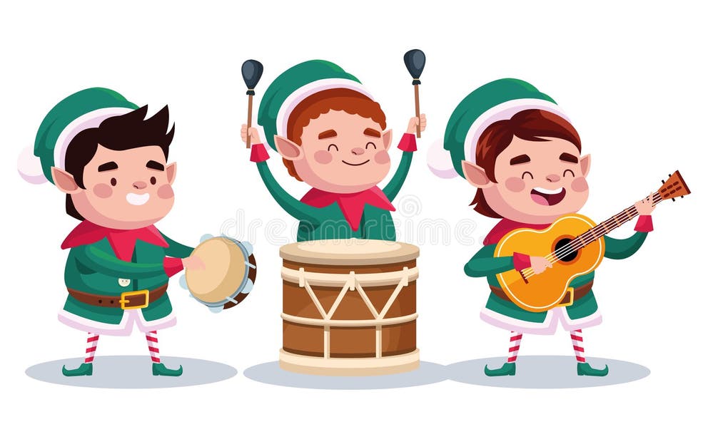Group of Santa Helpers Playing Instruments Characters Stock ...