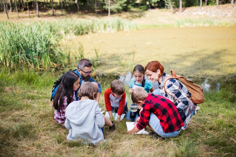 Group of School Children with Teacher on Field Trip in Nature. Stock ...