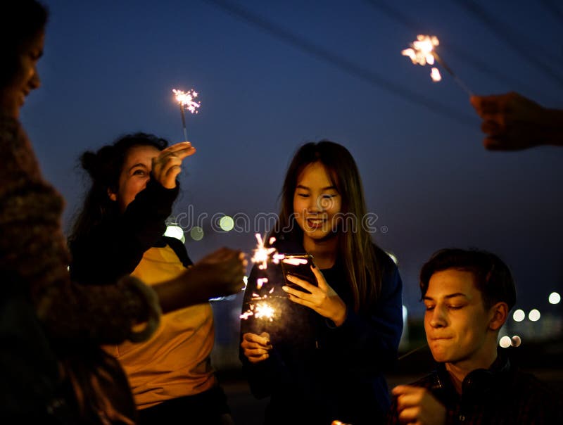Group of School Friends Happiness and Playing Firework Stock Image ...