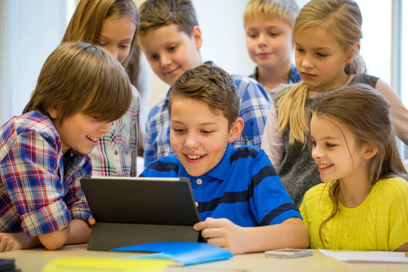 Group of School Kids with Tablet Pc in Classroom Stock Photo - Image of ...