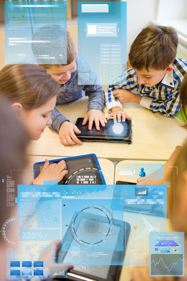 Group of School Kids with Tablet Pc in Classroom Stock Photo - Image of ...
