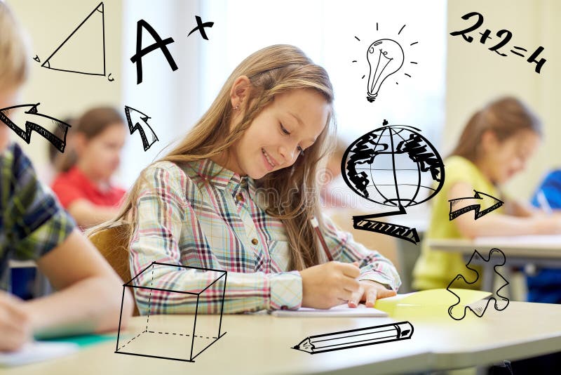 Group of School Kids Writing Test in Classroom Stock Image - Image of ...
