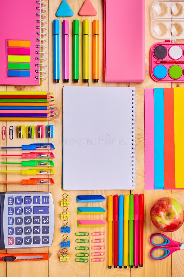 Group of School Supplies and Notebooks on Wooden Table Stock Image ...