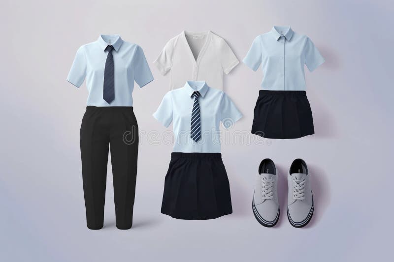 A Group of School Uniforms Including a Boy Wearing a Tie and a Shirt ...