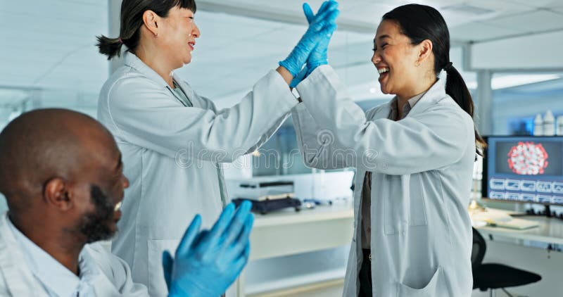 Group, Scientist and High Five in Lab with Celebration, Goals and ...