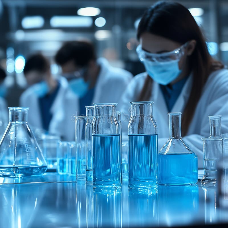 Group of Scientists Analyzing Blue Liquid in Glassware, Minimalist Lab ...