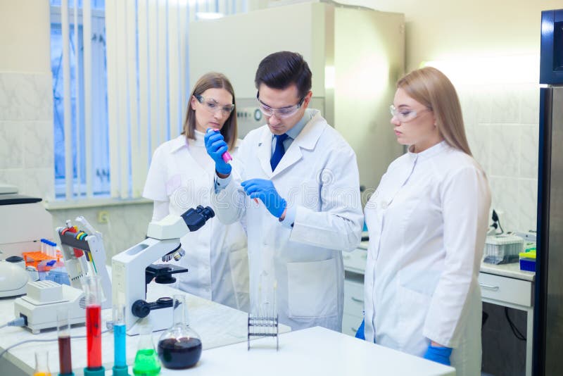 A Group of Scientists Conducts Research in a Scientific Laboratory ...