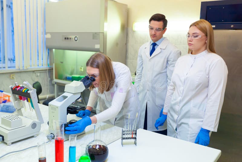 A Group of Scientists Conducts Research in a Scientific Laboratory ...