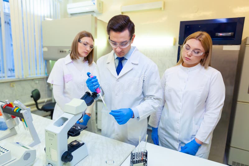 A Group of Scientists Conducts Research in a Scientific Laboratory ...