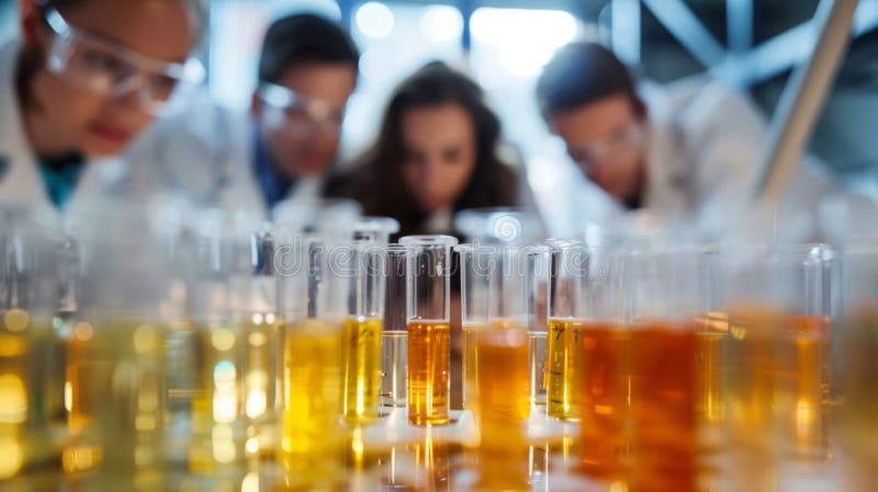 A Group of Scientists Huddles Around a Table Covered in Test Tubes and ...