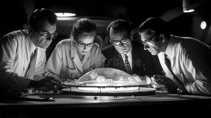 Group of Scientists in a Secret Laboratory Studying a UFO Artifact ...