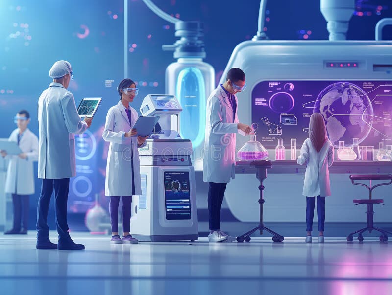 A Group of Scientists are Working in a Lab with a Computer Screen ...