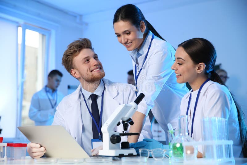 Group of Scientists Working with Sample in Chemistry Laboratory Stock ...