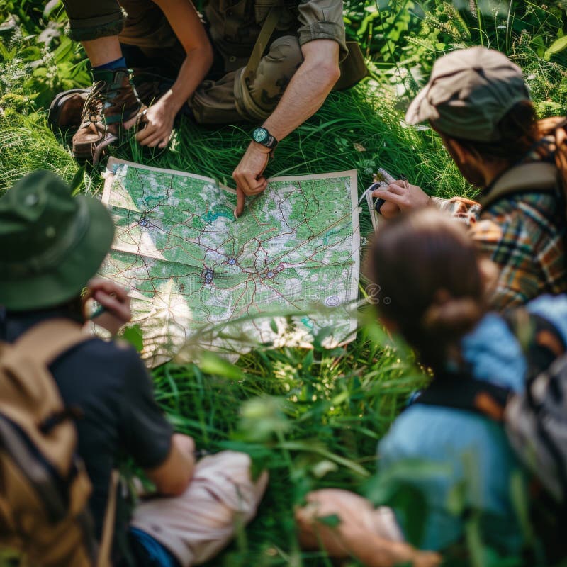 Scouts with Backpacks Planning Route on Map in Nature Stock ...