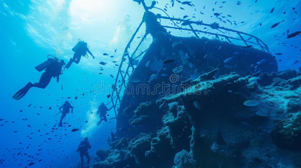 Group of Scuba Divers Exploring a Shipwreck Surrounded by Marine Life ...