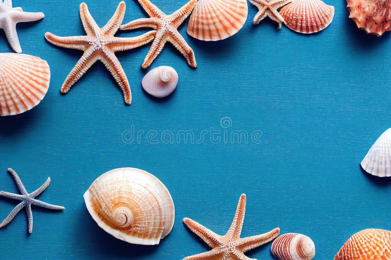 A Group of Sea Shells Arranged in a Circle on a Blue Background with a ...