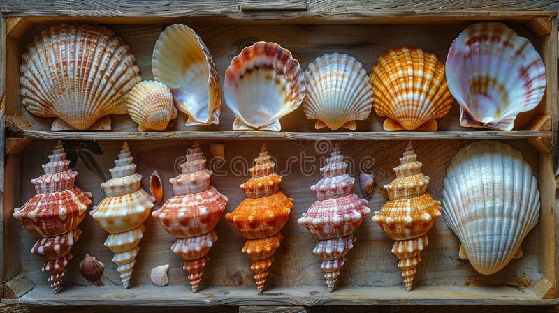 Group of Sea Shells on Wooden Table Stock Image - Image of objects ...
