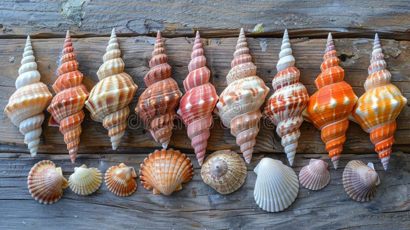 Group of Sea Shells on Wooden Table Stock Image - Image of generative ...