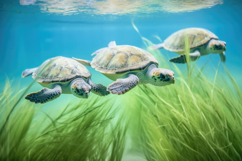 Group of Sea Turtles Feeding on Seagrass Stock Image - Image of turtle ...