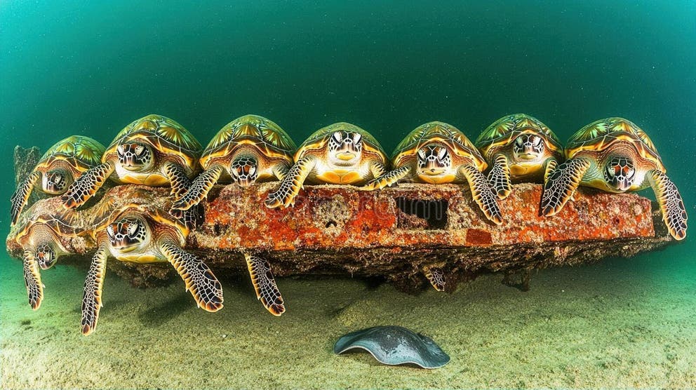 Group of Sea Turtles Resting on a Sunken Structure Underwater Stock ...