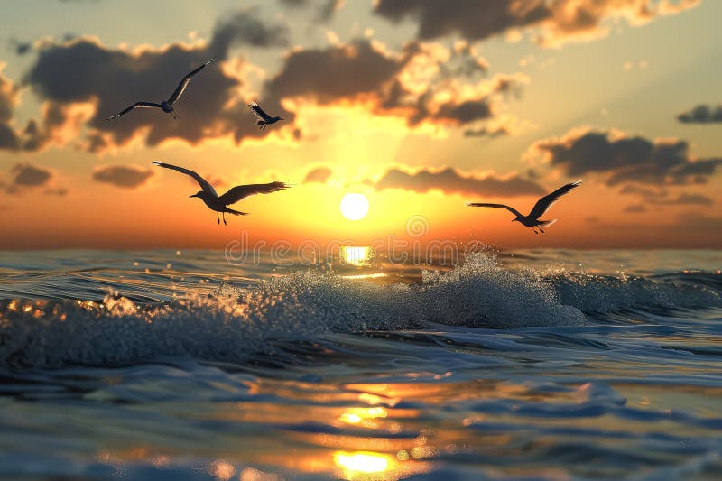 Group of Seagulls Flying Over the Ocean at Sunset Stock Photo - Image ...