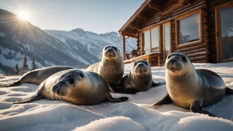 Adorable Seals Posing in Snowy Landscape Near a Cozy Cabin Stock ...