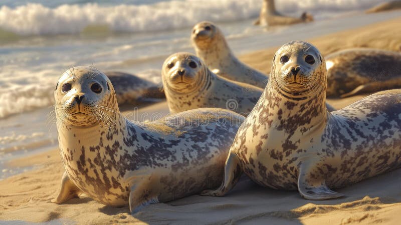 Group of Seals Lounging on a Sunlit Beach Stock Image - Image of seal ...