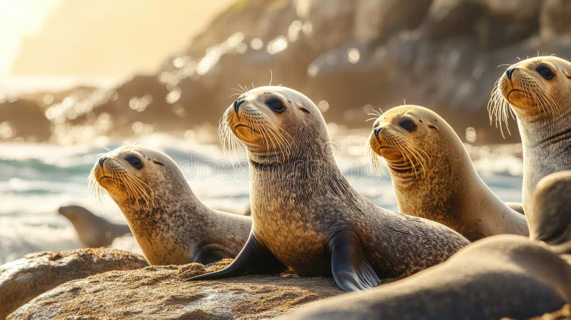 Group of Seals Lounging on a Sunlit Beach Stock Image - Image of ...