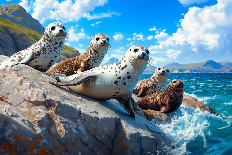 A Group of Seals Sitting on Top of a Rock Near the Ocean Stock Photo ...