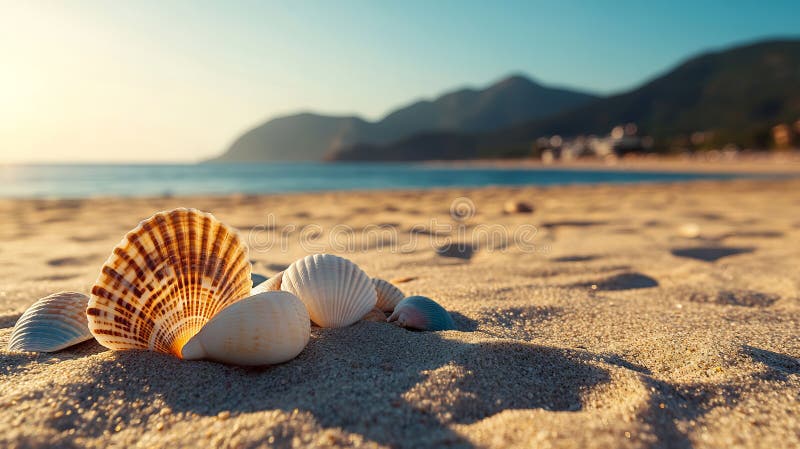 A Group of Seashells Laying on a Sandy Beach Next To the Ocean Stock ...