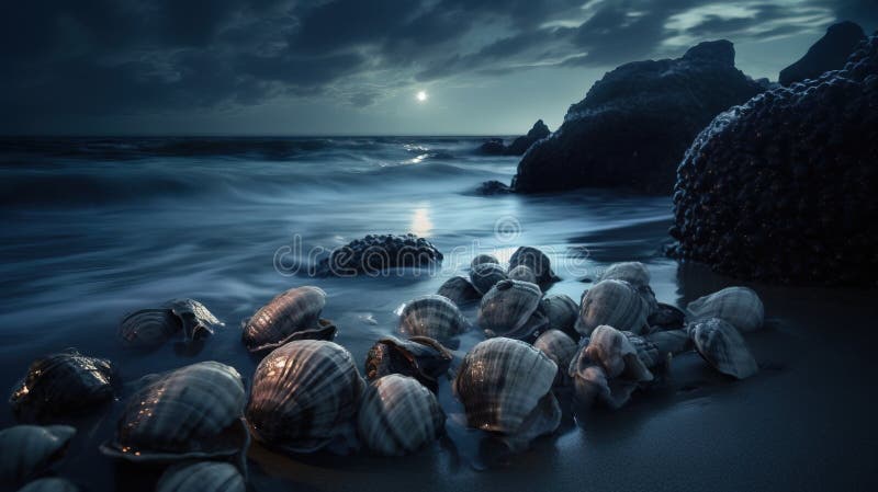 A Group of Seashells Sitting on a Beach Under a Full Moon at Night with ...