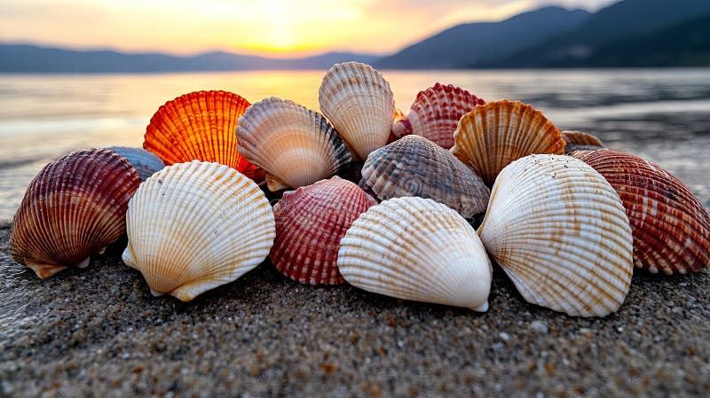 A Group of Seashells Sitting on Top of a Sandy Beach Stock Photo ...