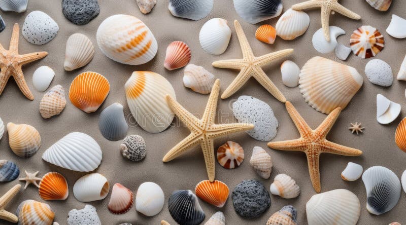 A Group of Seashells and Starfish Stock Illustration - Illustration of ...