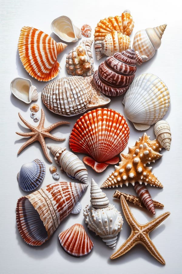 A Group of Seashells and Starfish on a White Surface Stock Image ...