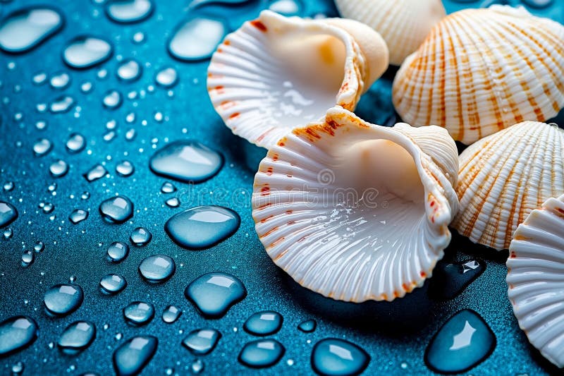 A Group of Seashells with Water Droplets on a Blue Surface Stock Photo ...