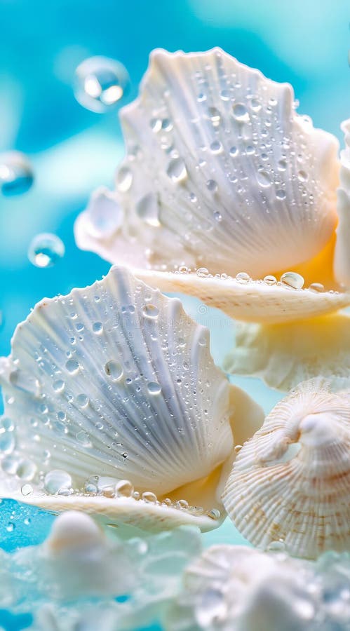 Group Seashells Water Droplets Blue Background Stock Photos - Free ...