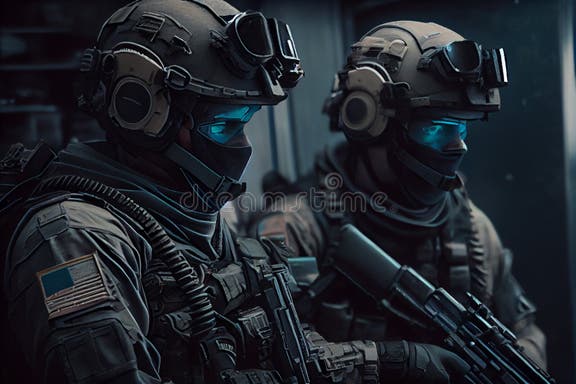 Group of Security Forces in Combat Uniforms with Rifles, Lined in the ...