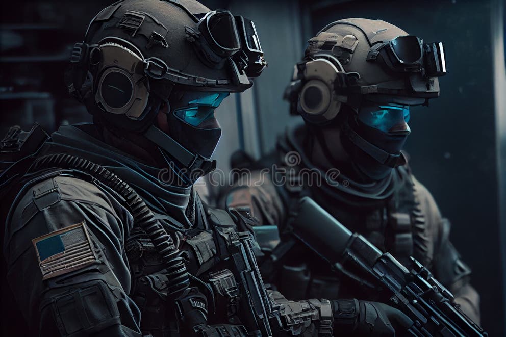 Group of Security Forces in Combat Uniforms with Rifles, Lined in the ...