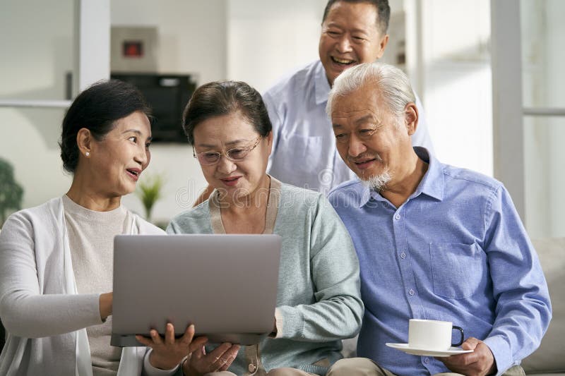 Group of Senior Asian People Using Laptop Computer Together Stock Image ...