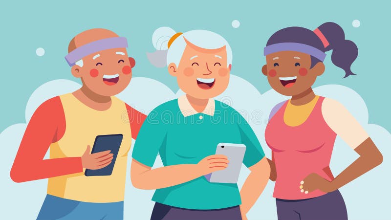 A Group of Senior Citizens Smiling and Laughing As they Compare Their Fitness Tracker Data ...