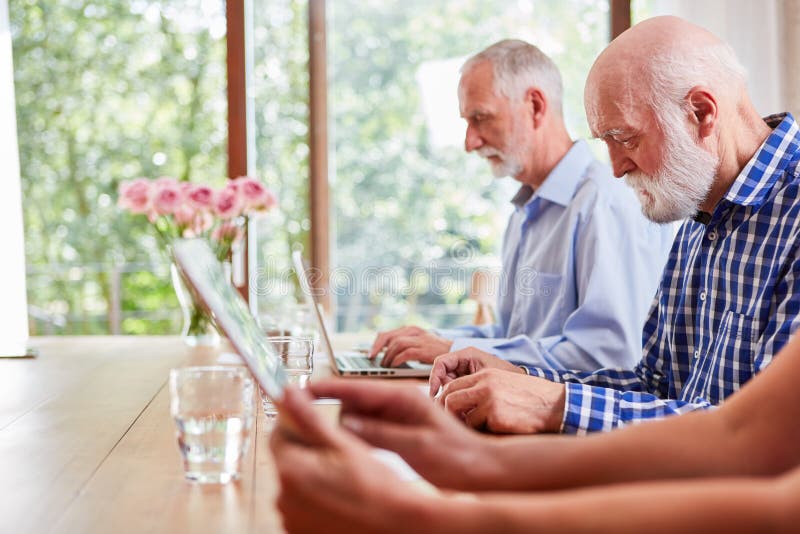 Group of Seniors with Laptop in Computer Class Stock Photo - Image of ...